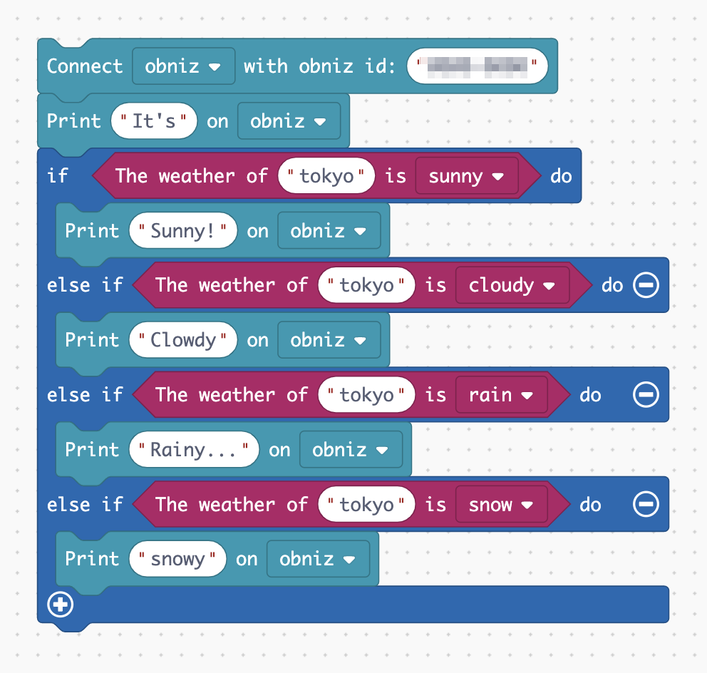 Let's get and display weather informattion [Block Program] - obniz公式ブログ
